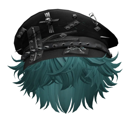 Dark Teal Messy Anime Hair w/ Goth Captain Hat | Roblox Item - Rolimon's