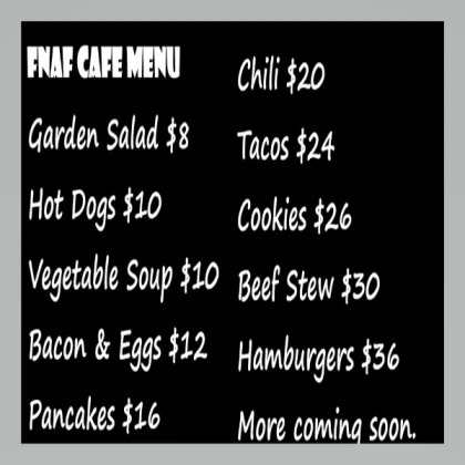 Fnaf Cafe Menu