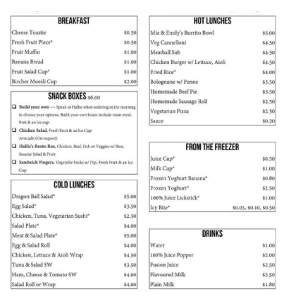 Canteen menu