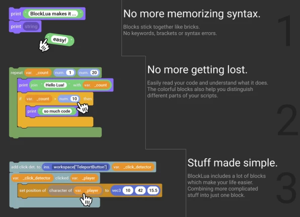 Visual Scripting+ | BlockLua | Scratch block code