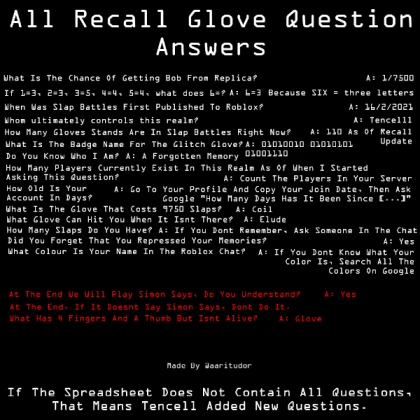 Recall Glove All Answers / Questions: Slap Battles