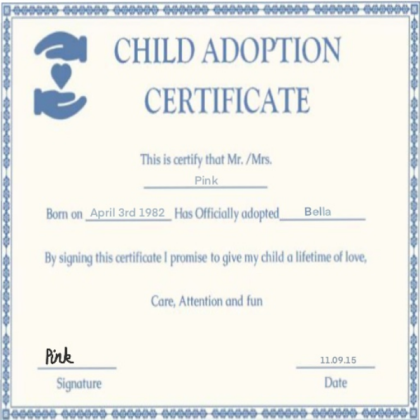 Adoption papers for Bella