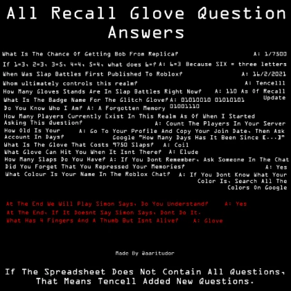Recall Glove All Answers / Questions: Slap Battles
