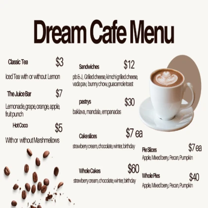 Dream cafe menu