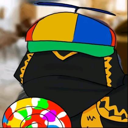 Taph in a propeller hat with comically large candy