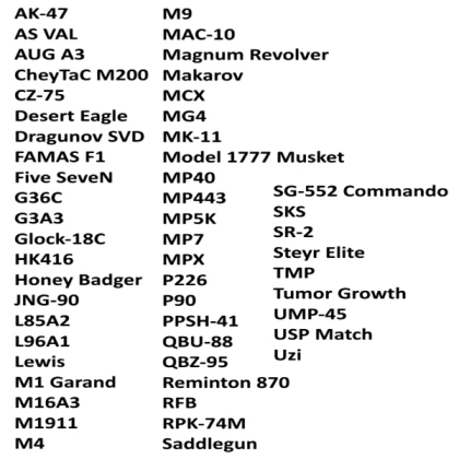 Town Debug Gun List UPDATED